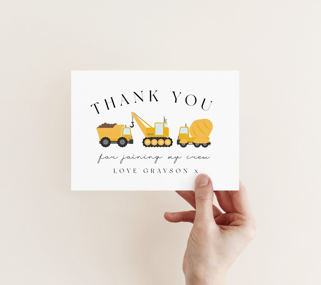 Construction Thank You Card - Construction Birthday Party, Construction ...