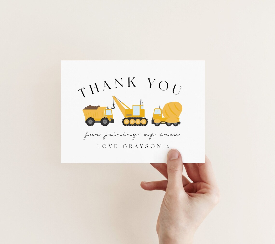Construction Thank You Card Construction Birthday Party | Etsy