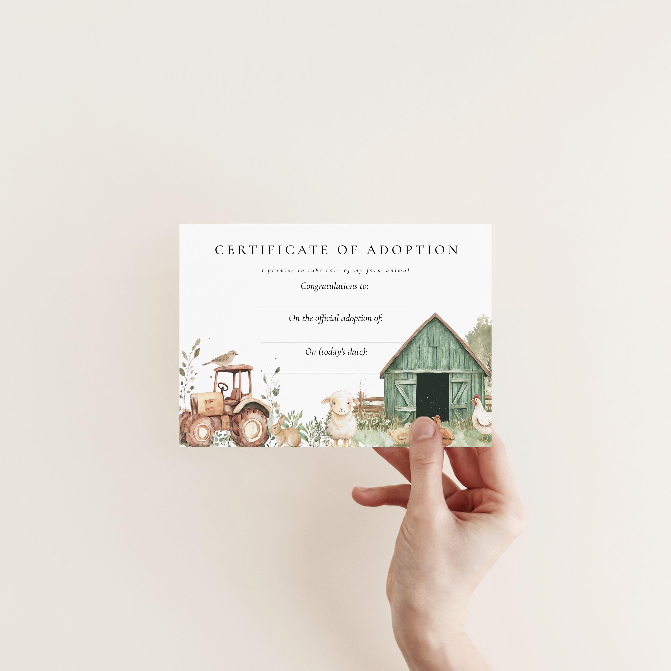 Adopt an Animal Sign & Certificate-farm Animal Adoption Certificate ...