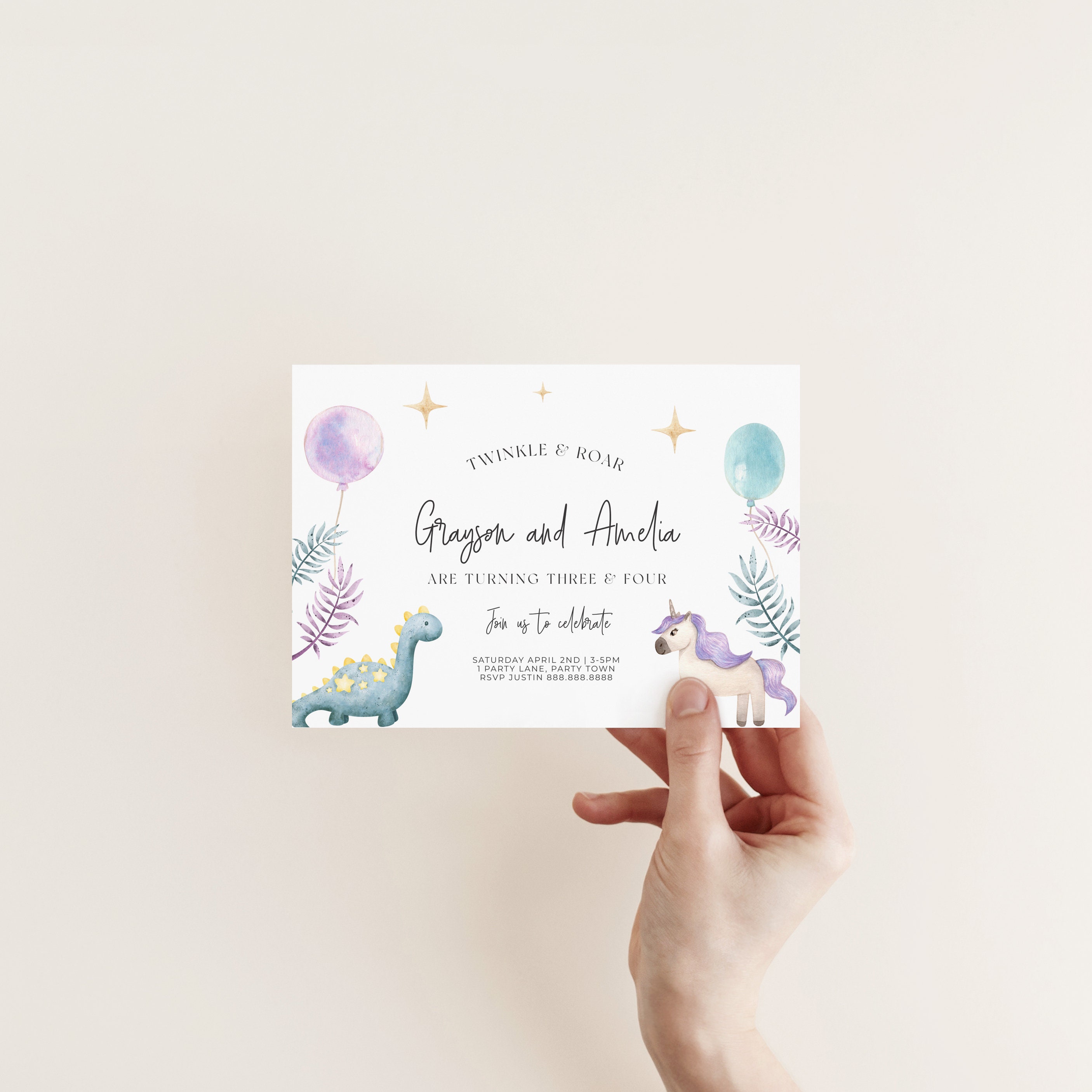 Unicorn and Dinosaur Invitation joint Birthday Invitation - Etsy