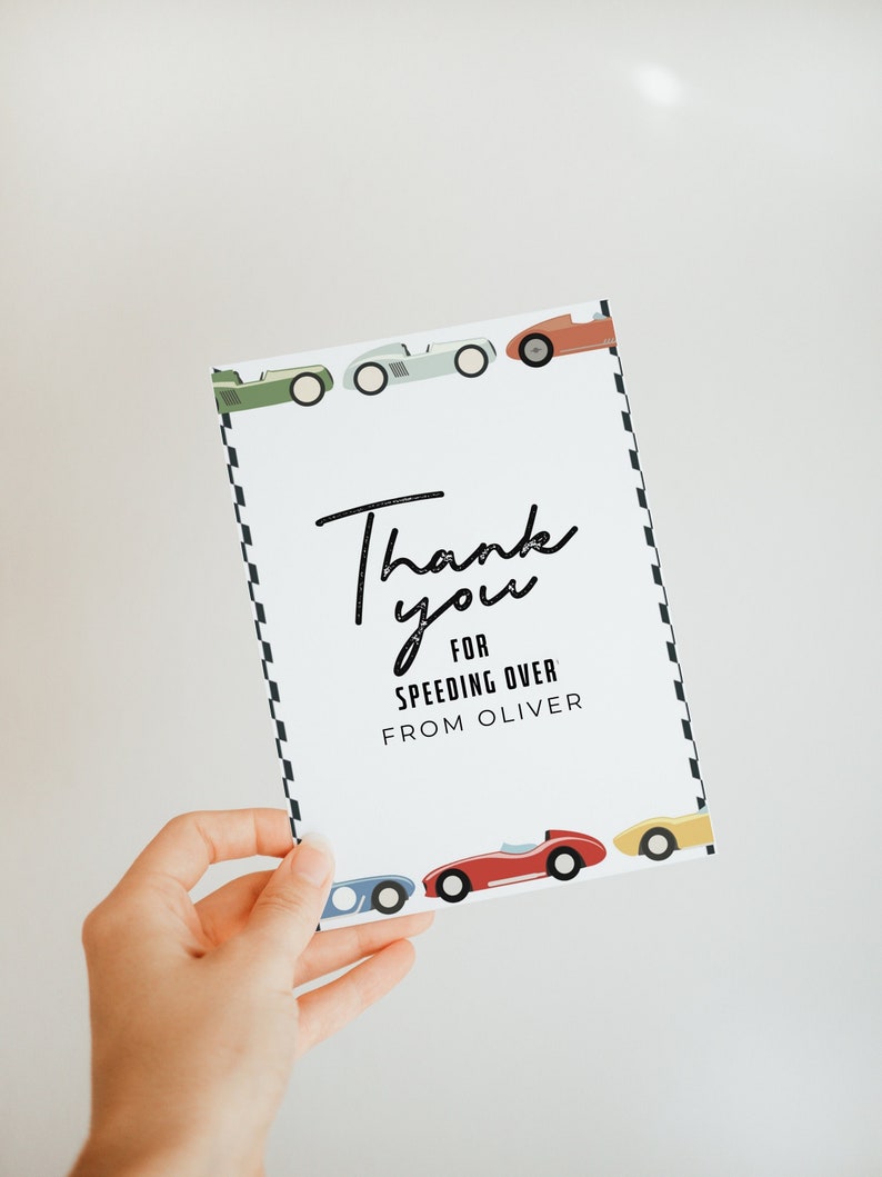 Race Car Thank You Card - Race Car Thank You Note, Racing Car Theme ...