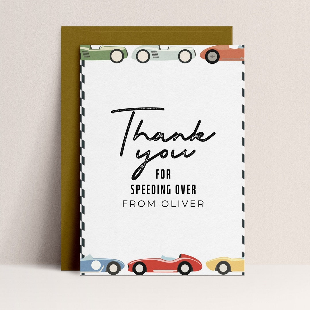 Race Car Thank You Card - Race Car Thank You Note, Racing Car Theme ...