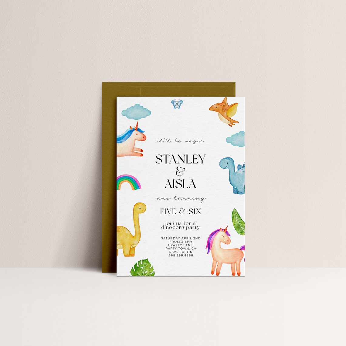 Dinosaur and Unicorn Favor Tag - Sibling Birthday Party, Joint Birthday ...