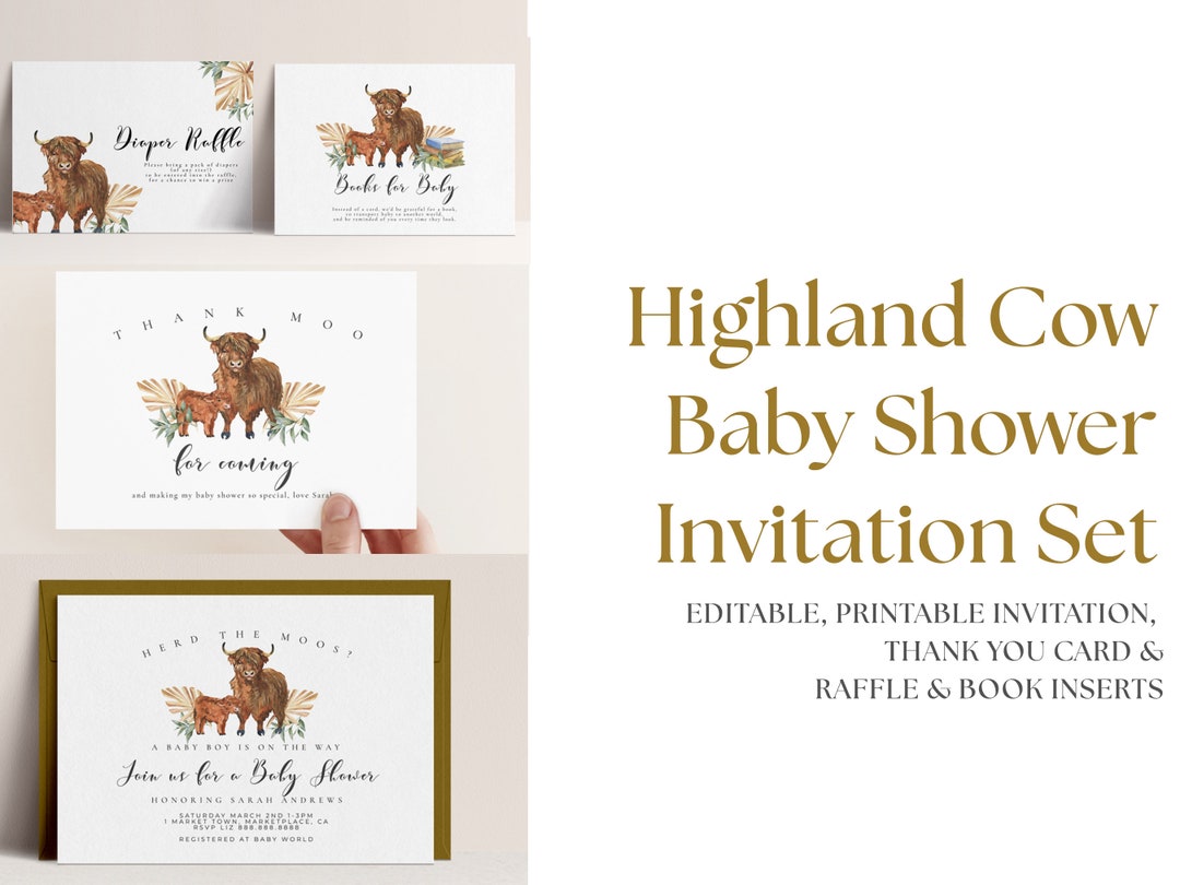 Boho Highland Cow Baby Shower Invitation Suite - Cow Baby Shower ...