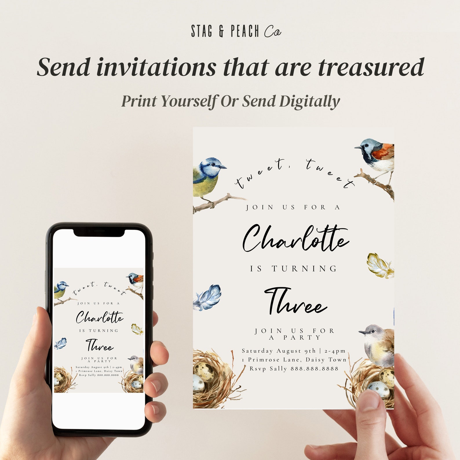 Bird Birthday Invitation - Bird Invitation, Whimsical Birthday ...