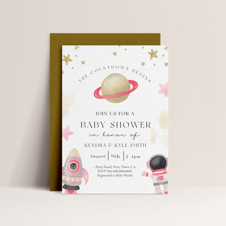 Space Theme Baby Shower Invite Girl, Pink Astronaut Baby Shower ...