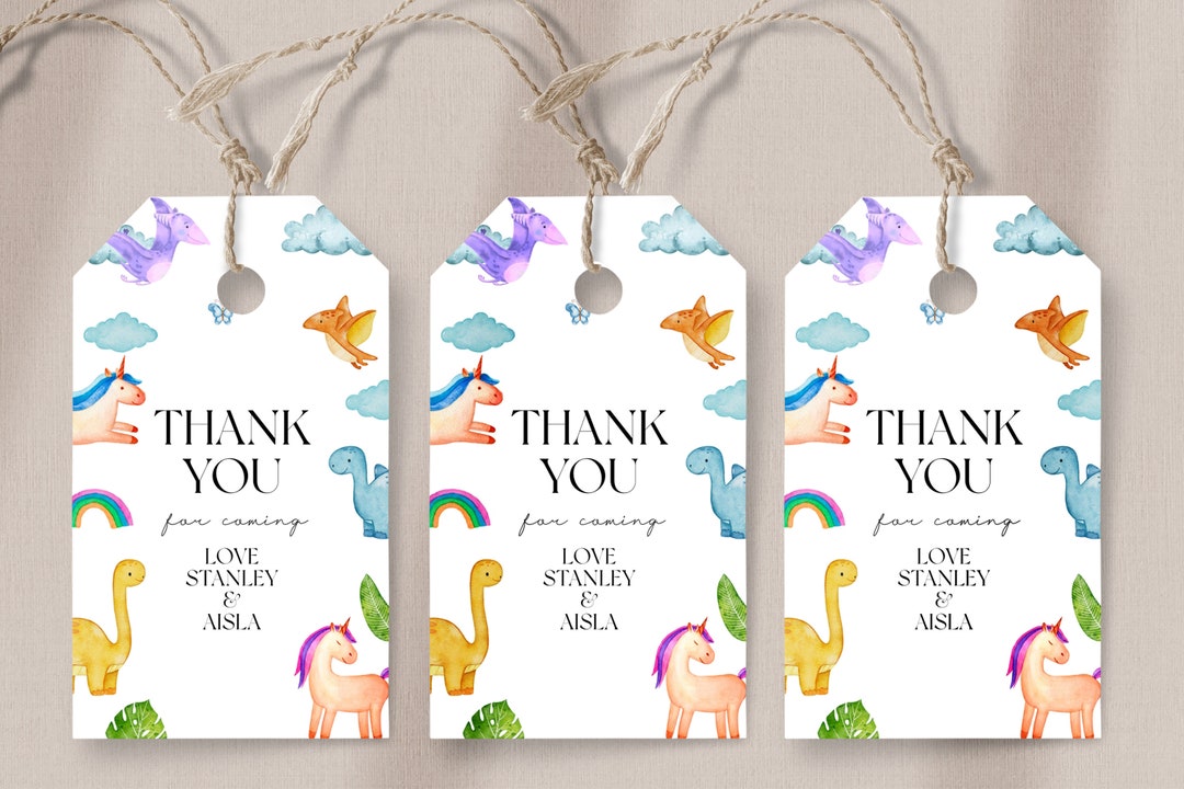 Dinosaur and Unicorn Favor Tag - Sibling Birthday Party, Joint Birthday ...
