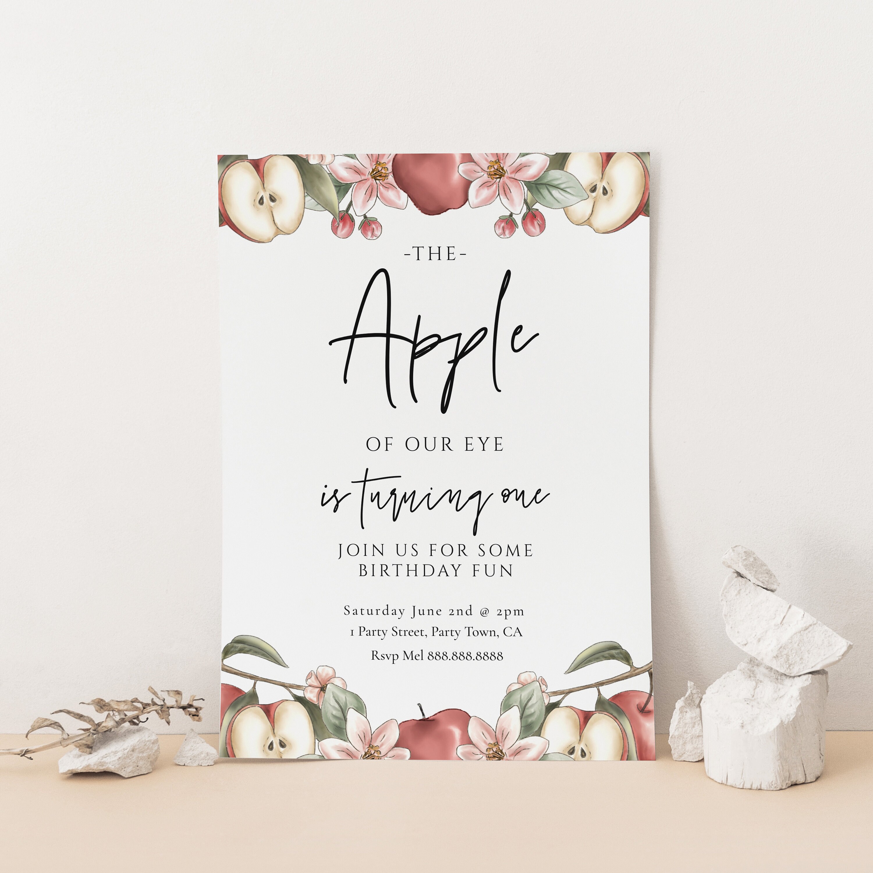 Apple Birthday Invitation - Apple Theme Invitation, Girls Birthday ...