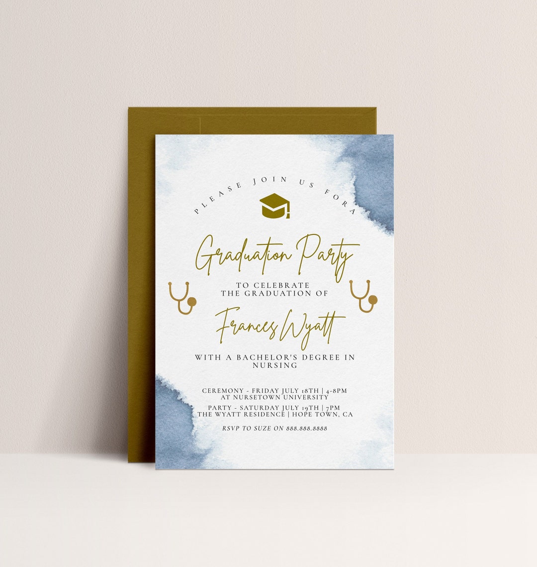 Nurse Graduation Invitation Template - Blue Watercolor Invite ...