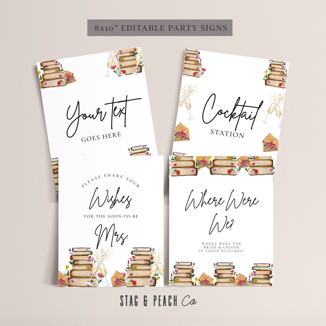 Book Themed Bridal Shower Party Signs -book Shower Decor, Library ...