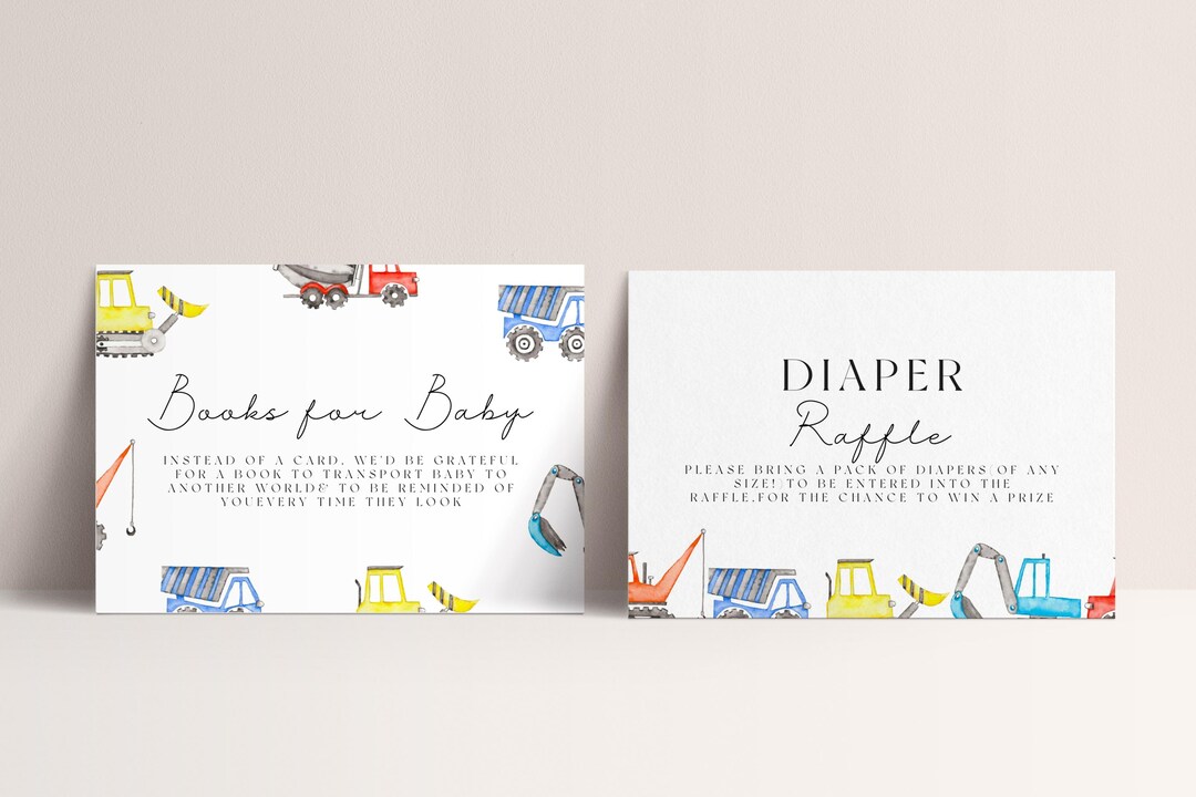 Construction Baby Shower Diaper Raffle & Books Cards -construction Baby ...