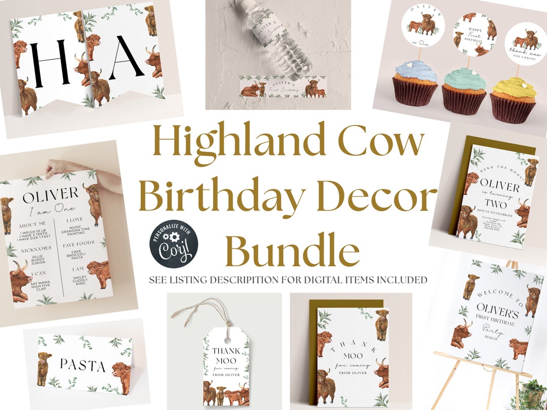 Highland Cow Birthday Decorations Bundle - Cow Birthday Party Decor ...