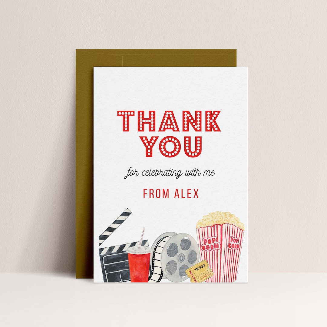 Movie Birthday Thank You Card - Movie Thank You, Cinema Birthday Decor ...