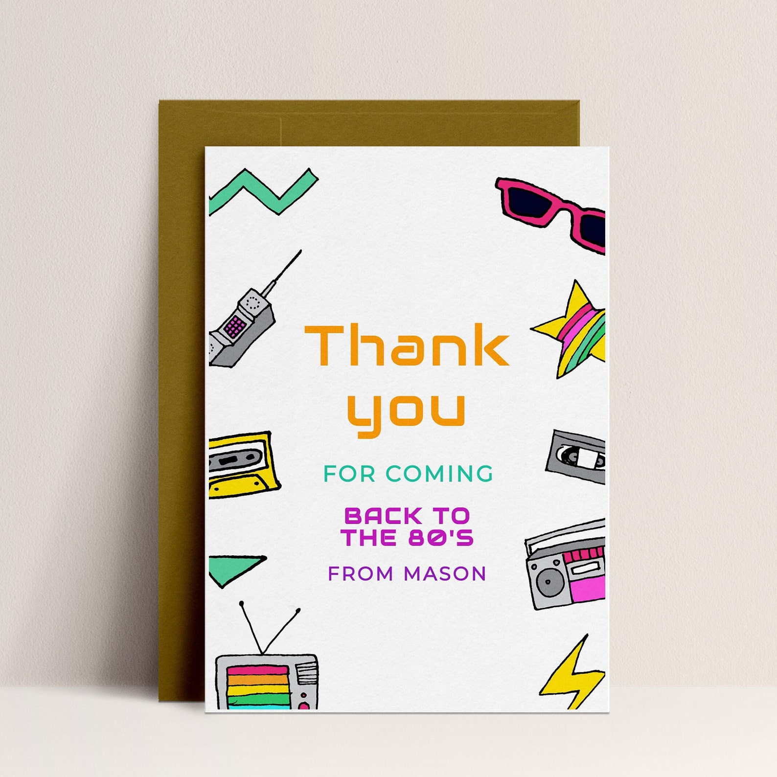 80s Birthday Thank You Card - 80s Party Decorations, 80s Theme, Neon ...