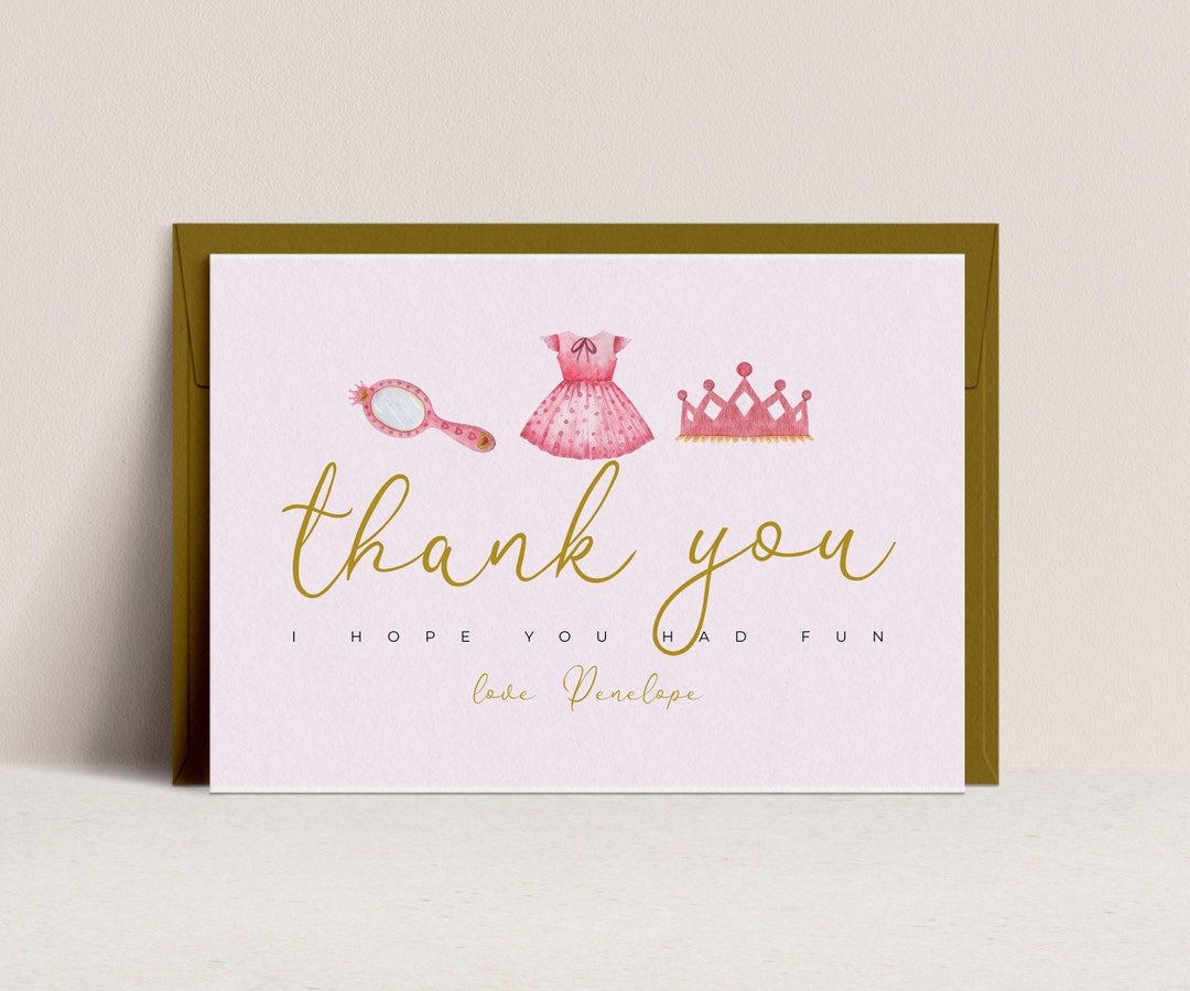 Princess Thank You Card - Princess Birthday, Princess Birthday Party ...