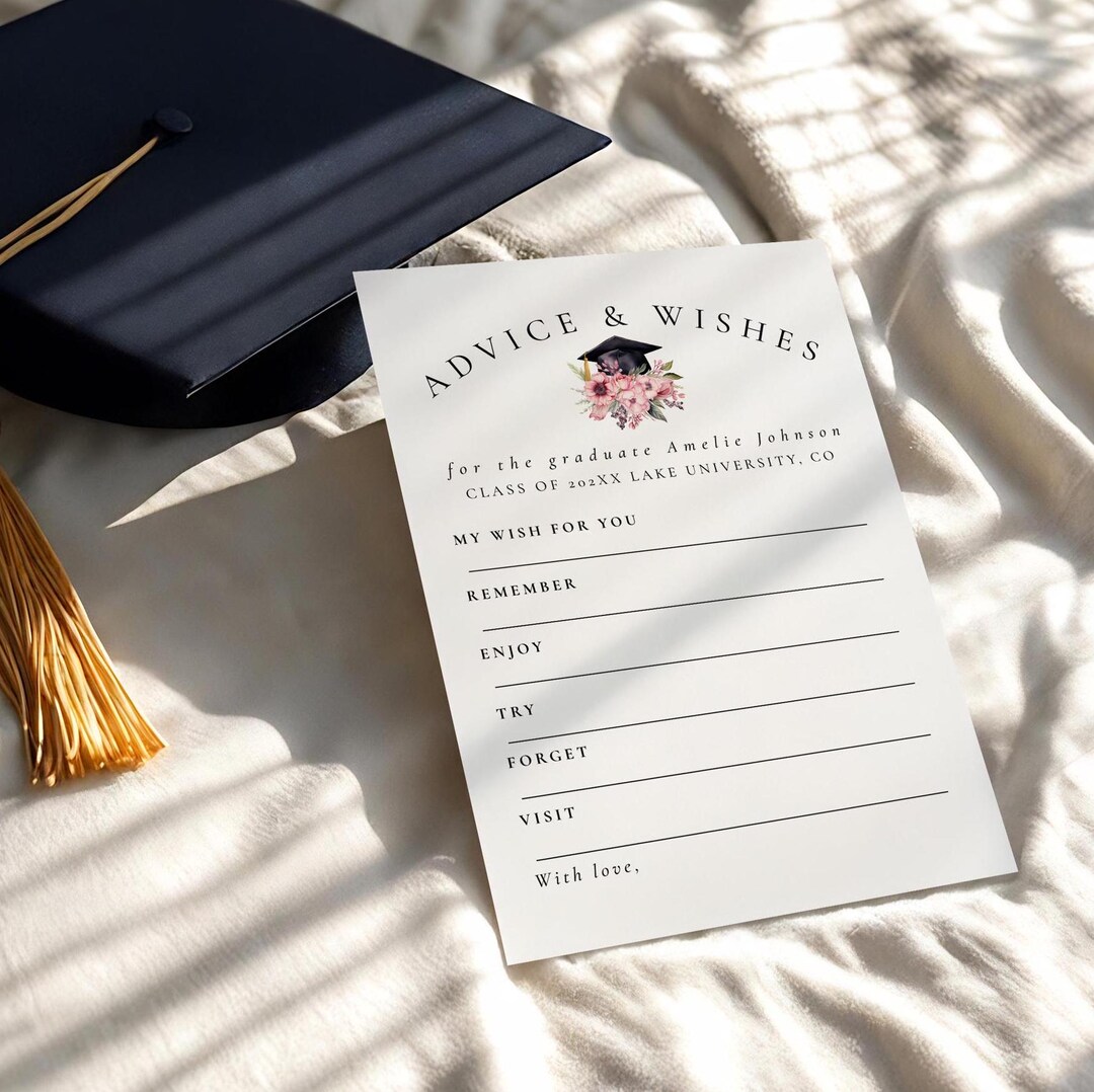 Pink Floral Graduation Advice Card Template With Cap | Printable Advice ...