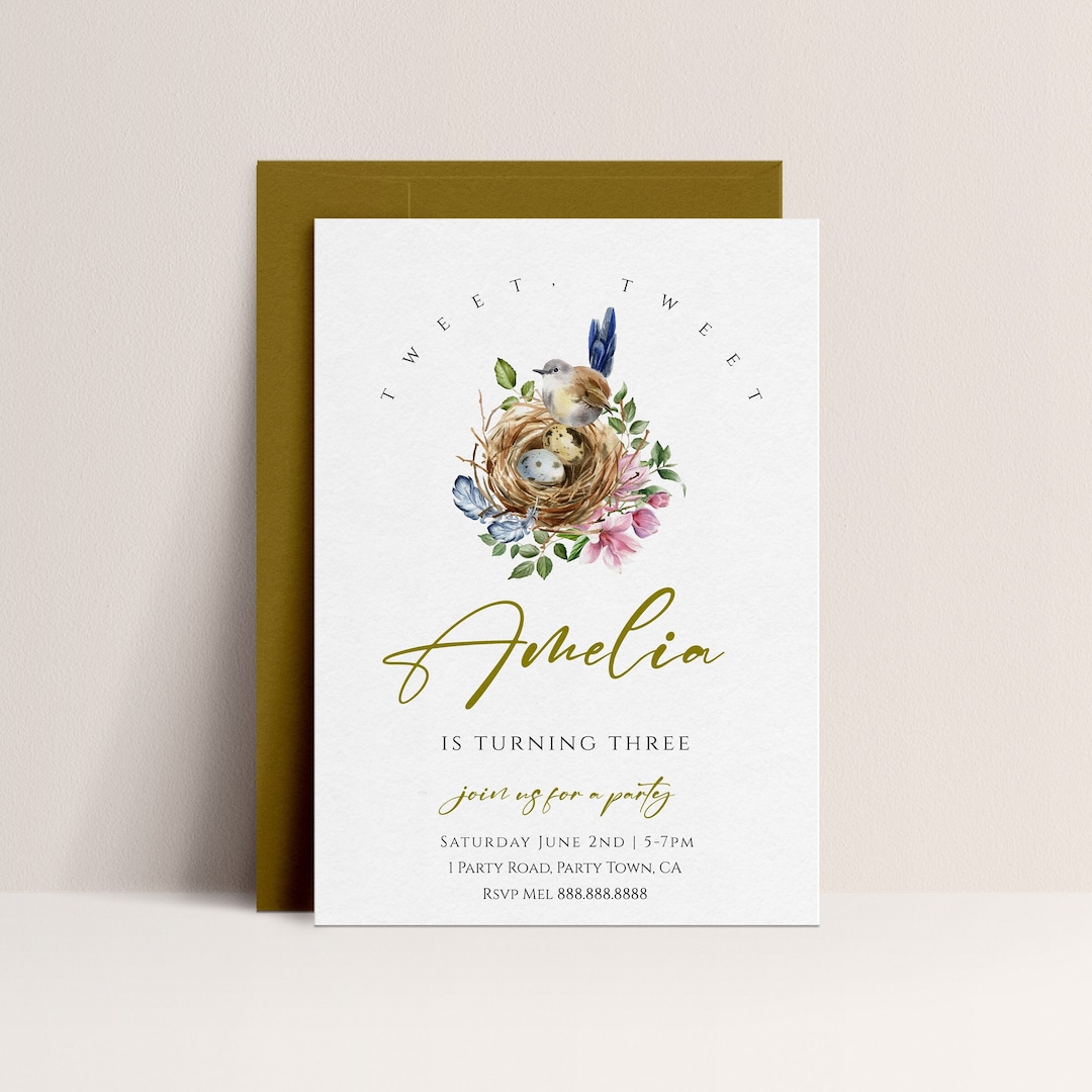 Bird Birthday Invitation - Bird Invitation, Whimsical Birthday ...