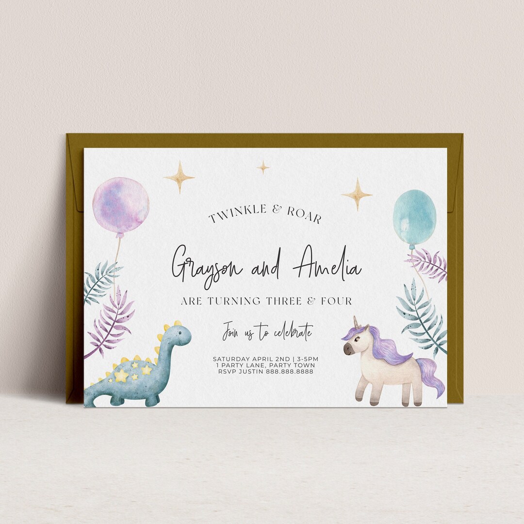 Unicorn and Dinosaur Invitation -joint Birthday Invitation, Dinosaur ...
