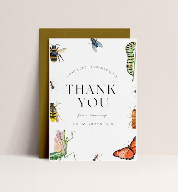 Bug Birthday Thank You Card-bug Birthday Party Bug Insects - Etsy