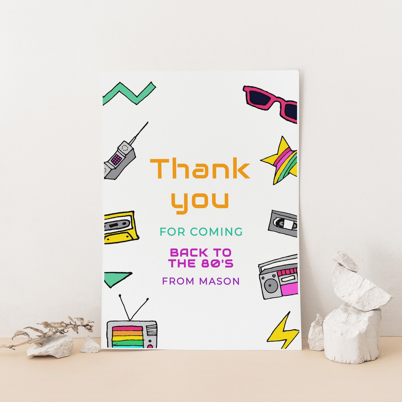 80s Birthday Thank You Card - 80s Party Decorations, 80s Theme, Neon ...
