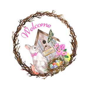 Bunny Wreath Sign, Easter Wreath Sign, Spring Sign, Birdhouse Spring ...
