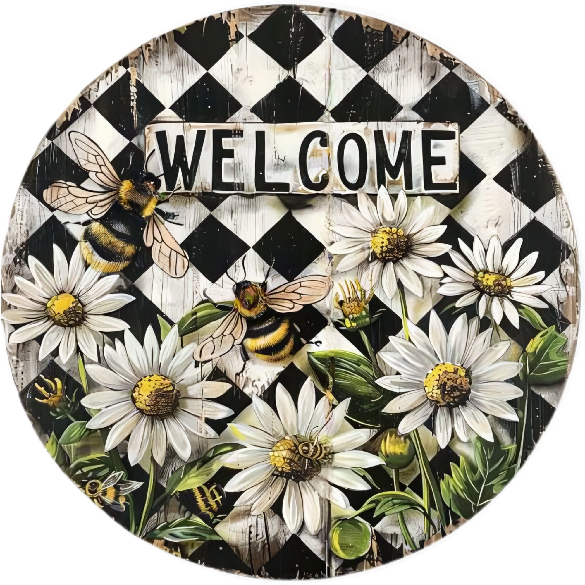 Bumblebee Checker Wood Welcome Metal Wreath Sign, Aluminum Wall Decor ...