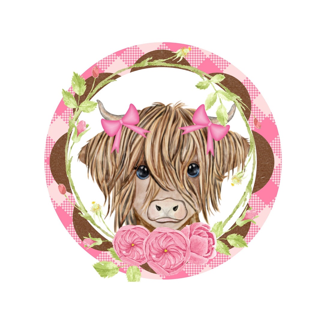 Round Cute Highland Cow Wreath Sign, Highland Cow Pink Flowers ...