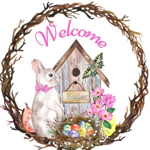 Bunny Wreath Sign, Easter Wreath Sign, Spring Sign, Birdhouse Spring ...