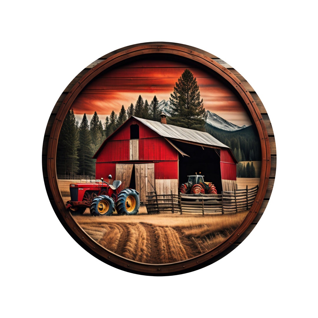Mountain Sunset & Barn Sublimated Metal Wreath Sign - Country Landscape ...