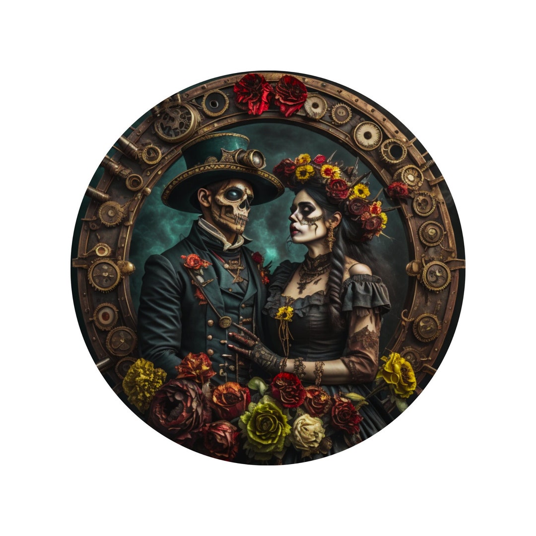 Steampunk Romance, Metal Wreath Sign With Couple, Clocks, and Death ...