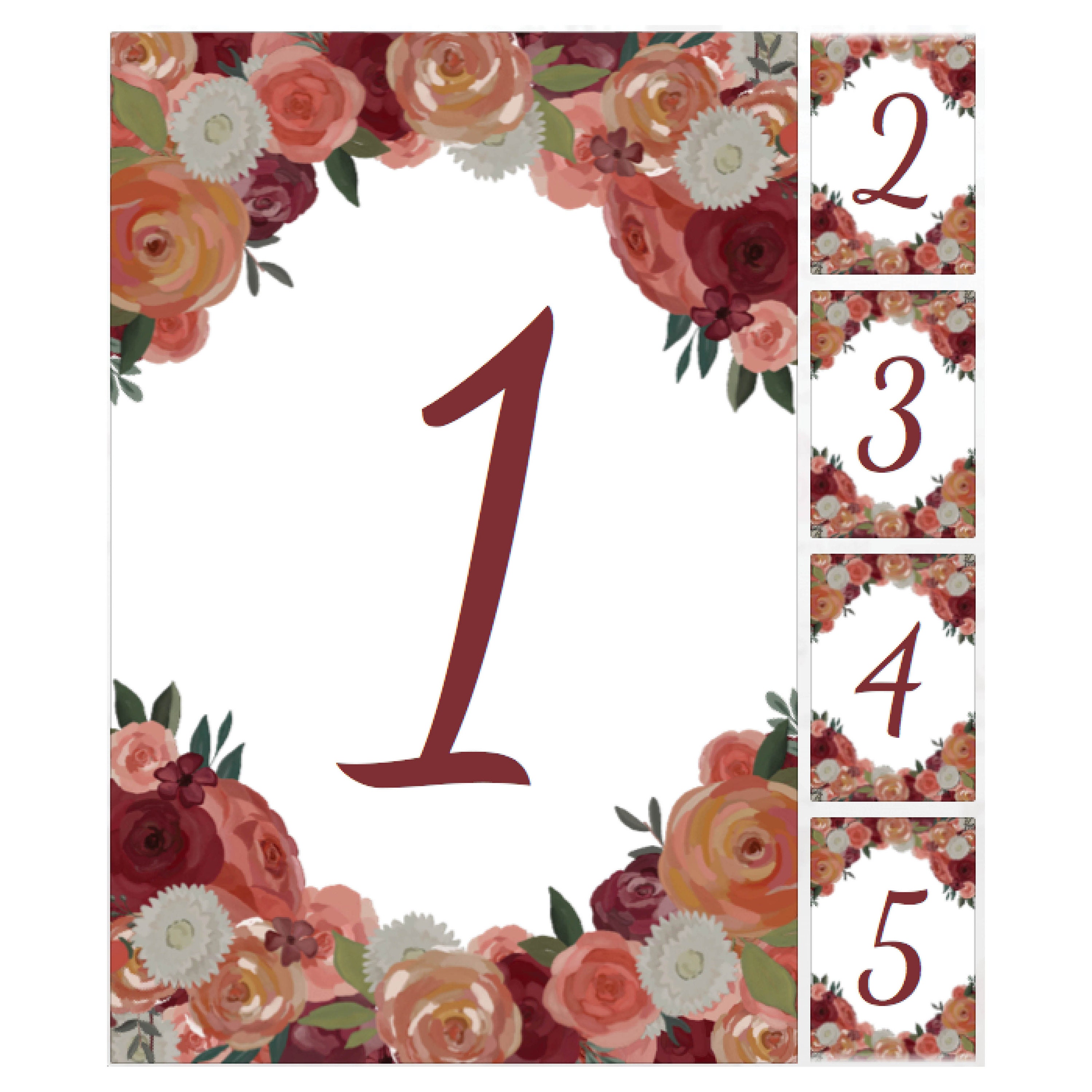 Table Numbers 1-20 Floral Sign Downloadable - Print at Home for Wedding ...