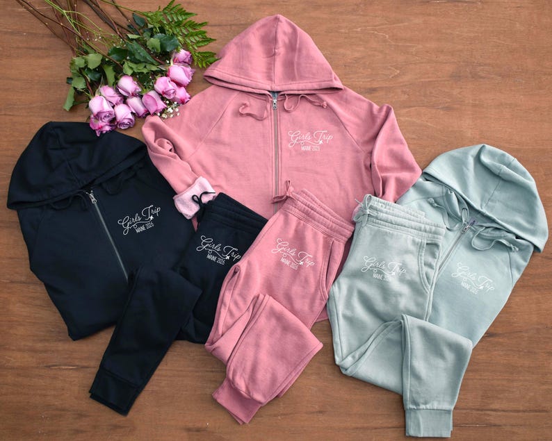 Personalized Girls Trip Matching Zip up Hoodie Sweatsuit Sets Custom ...