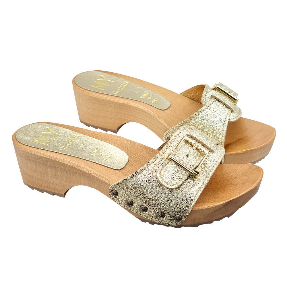 Wooden Clogs With Upper in Golden Leather Heel 4.5 Cm MY62 - Etsy