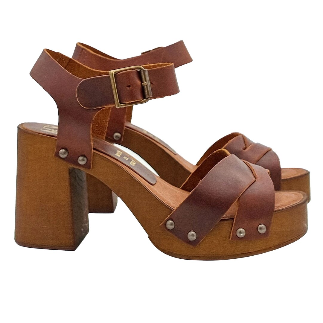 Clogs Crossed Bands in Brown Leather With 8 Cm Heel Made in Italy MY265 ...