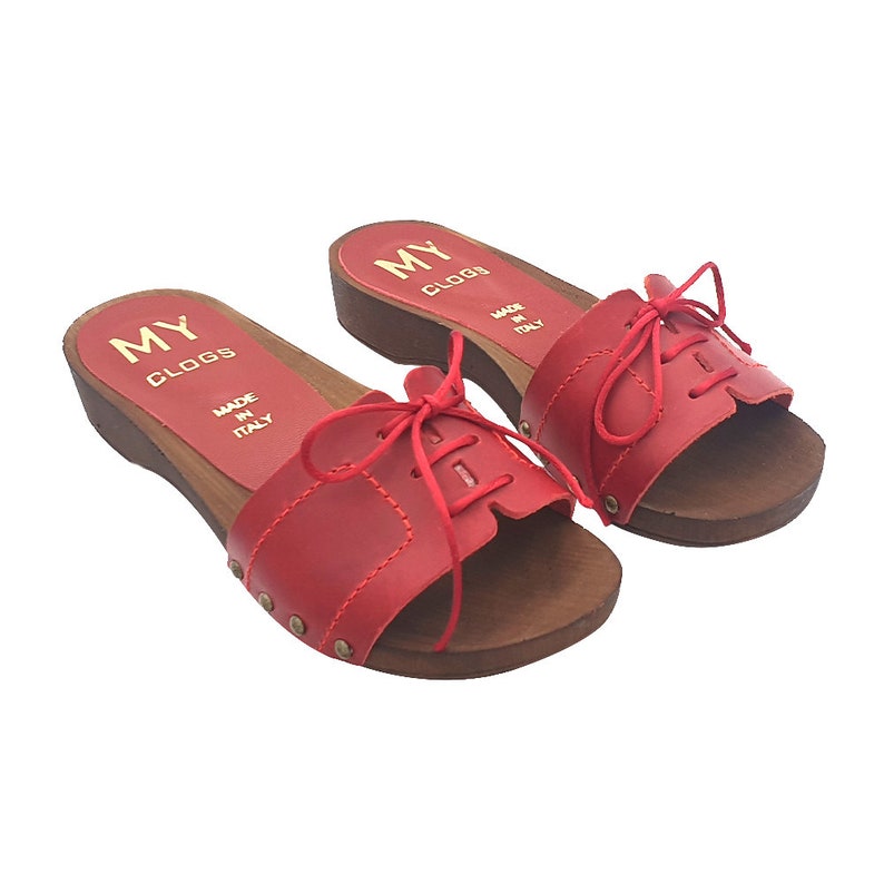 Comfortable Low Clogs in Genuine Red Leather With Laces - Etsy