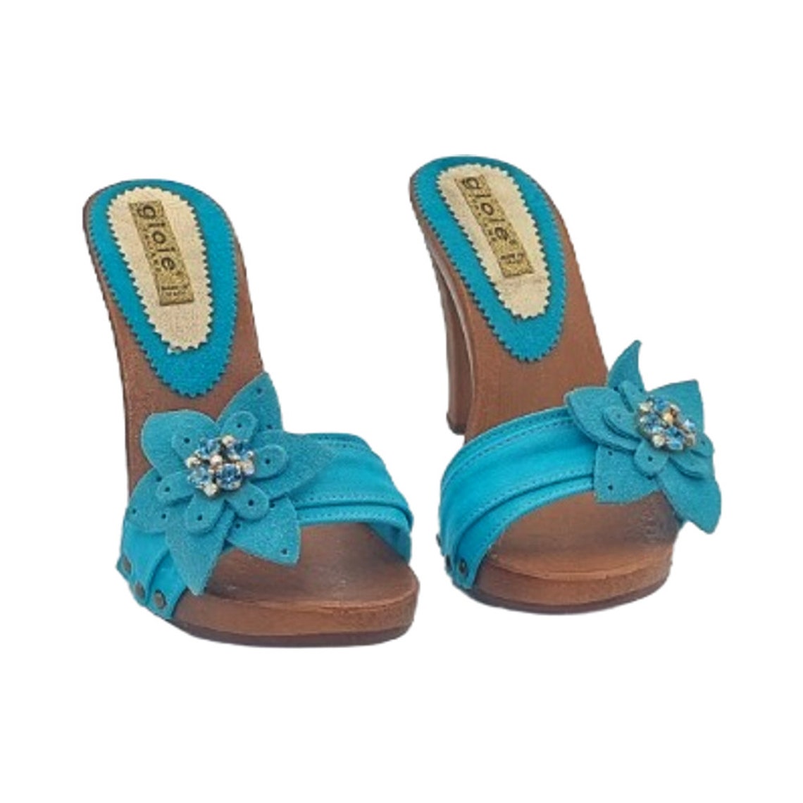 Women's Clogs With Turquoise Flower and Rhinestones - Made in Italy ...