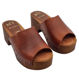 Women's Leather Clogs With 6 Cm Heel - Made in Italy - MY261 CUOIO - Etsy