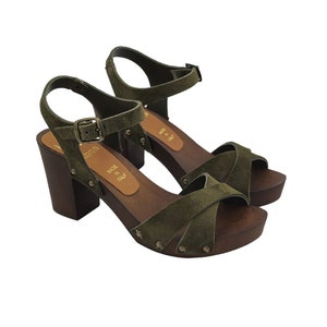 Women's Green Mules With Double Crossed Band in Suede Leather - Made in ...