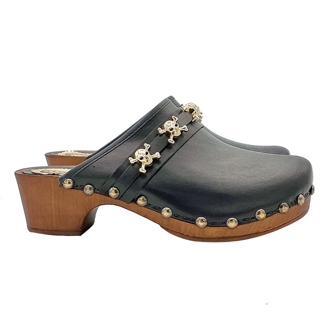Black Swedish Clogs With Skulls and 5 Cm Heel - Made in Italy - G3137 ...