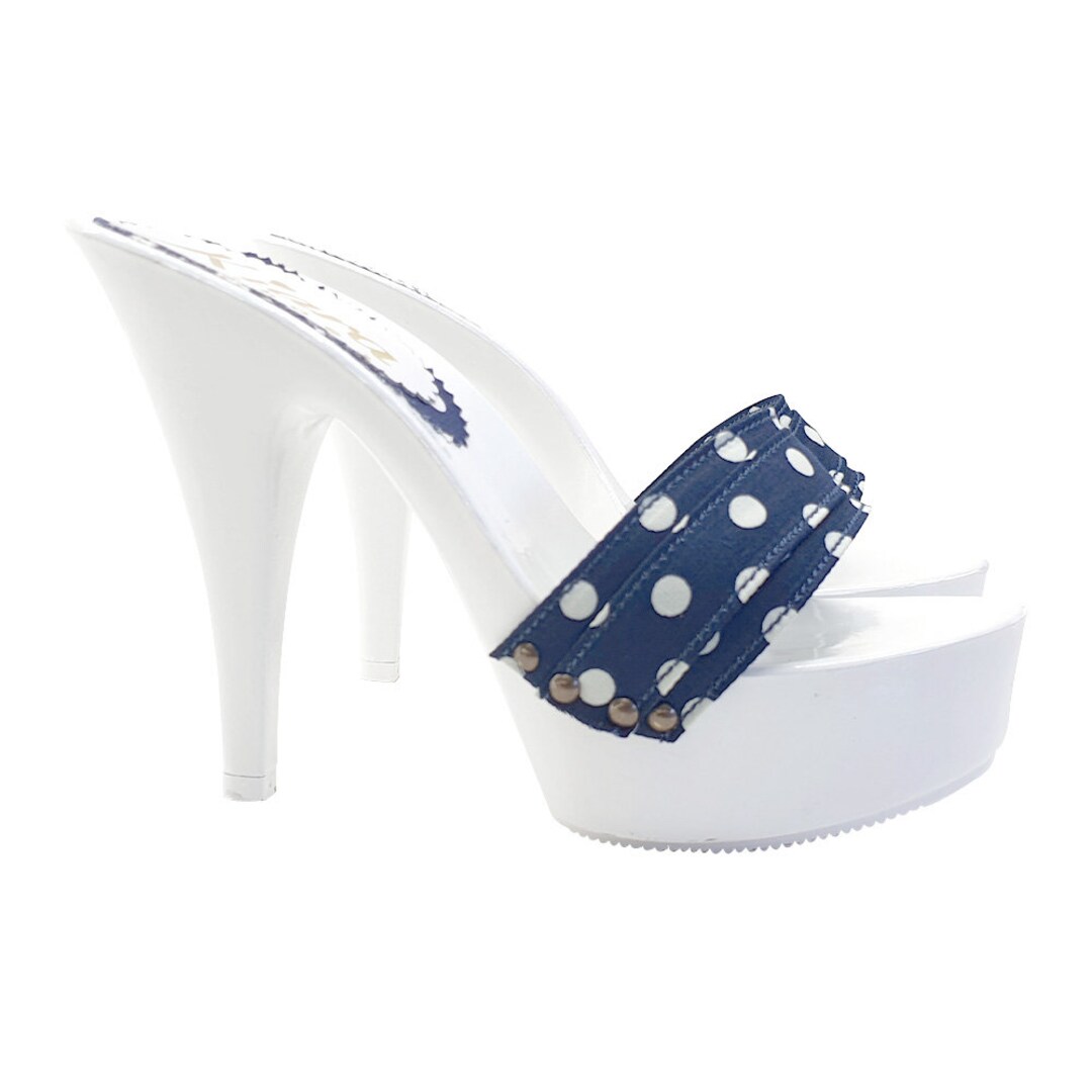 White Clogs With Blue Polka Dot Band and 13 Cm Heel - Made in Italy ...