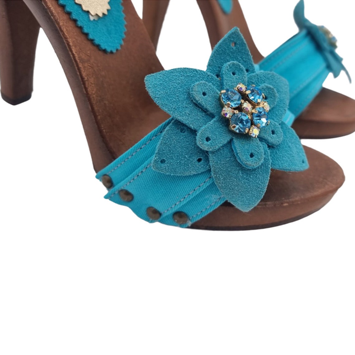Women's Clogs With Turquoise Flower and Rhinestones - Made in Italy ...