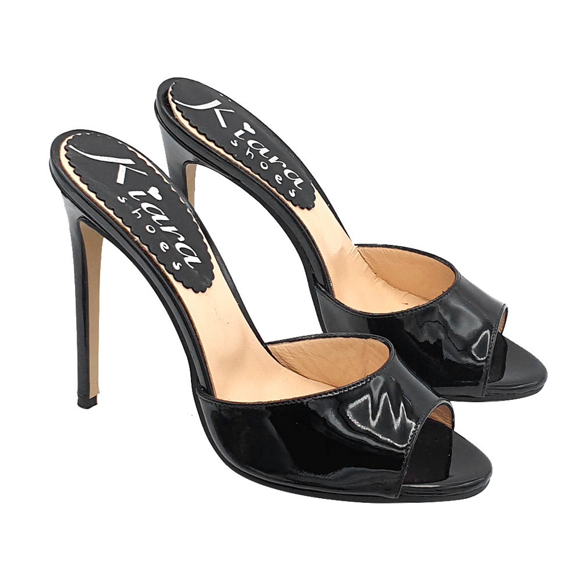 Black High Heel Mules in Patent Leather Made in Italy - Etsy