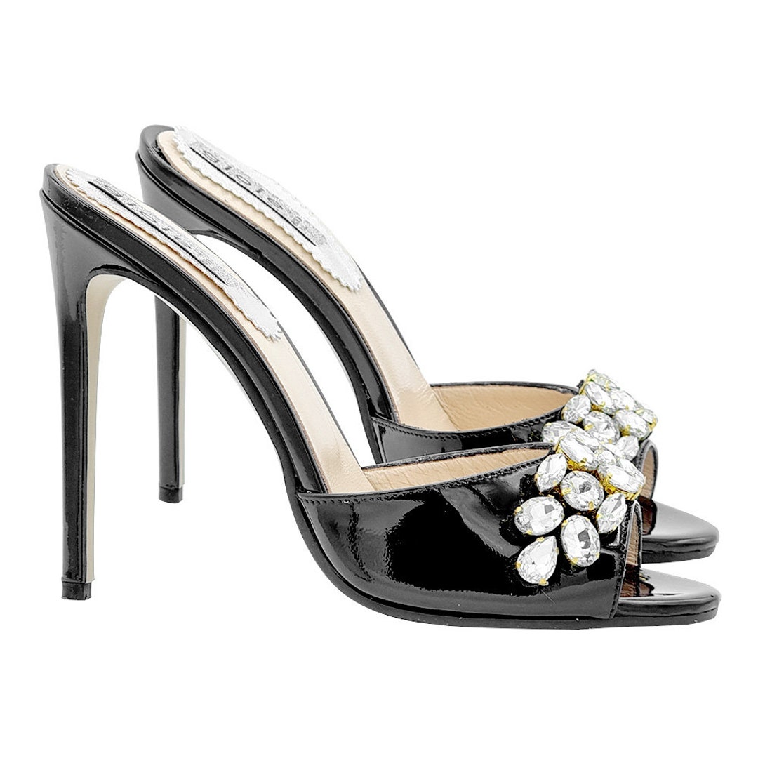 Black Clogs High Heel Jeweled Patent Leather With Rhinestones - Made in ...