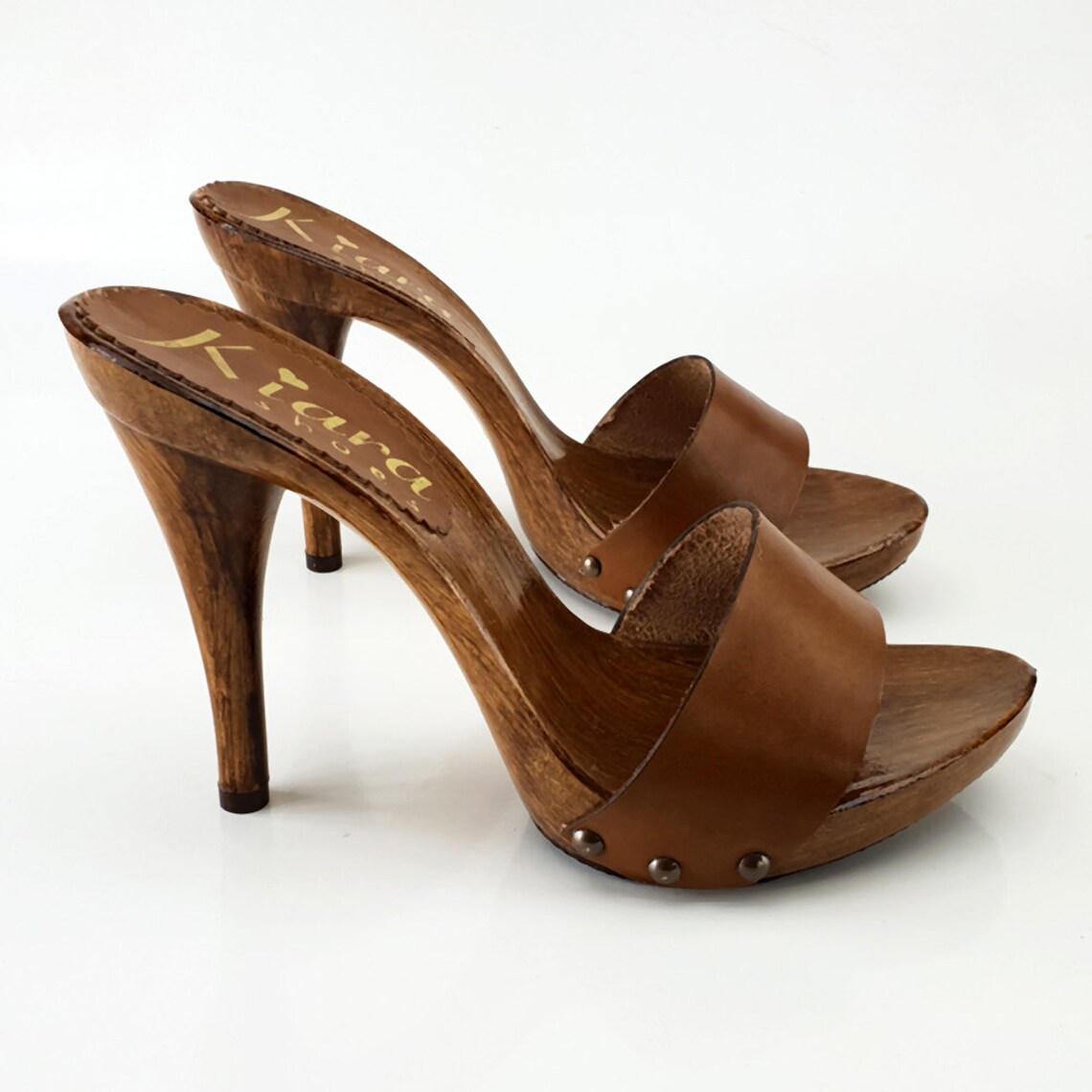 Lacquered Brown Leather Clogs Heel 12 KM7202 CUOIO - Etsy
