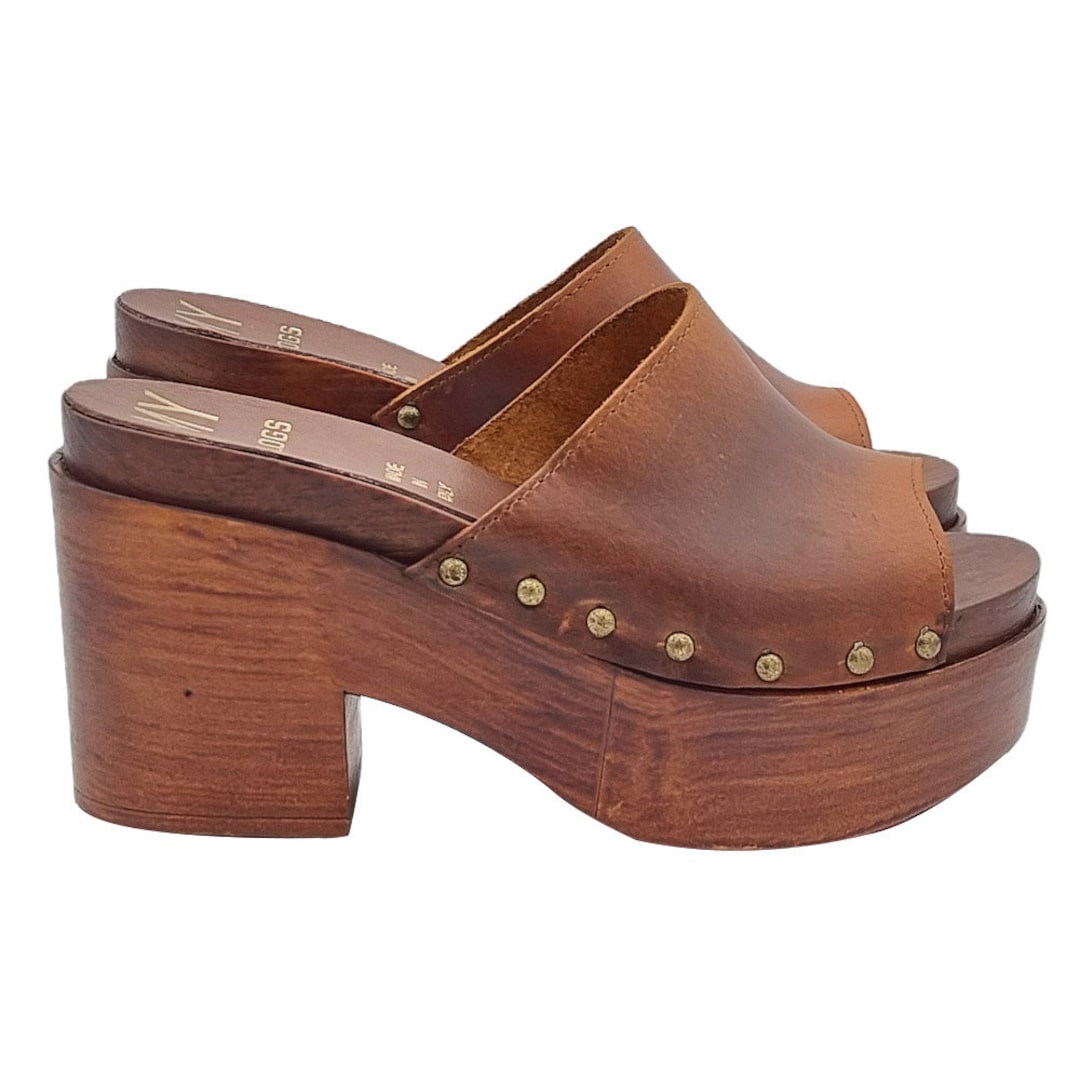 High Clogs in Brown Leather With 9.5 Cm Heel Made in Italy MY1765 CUOIO ...