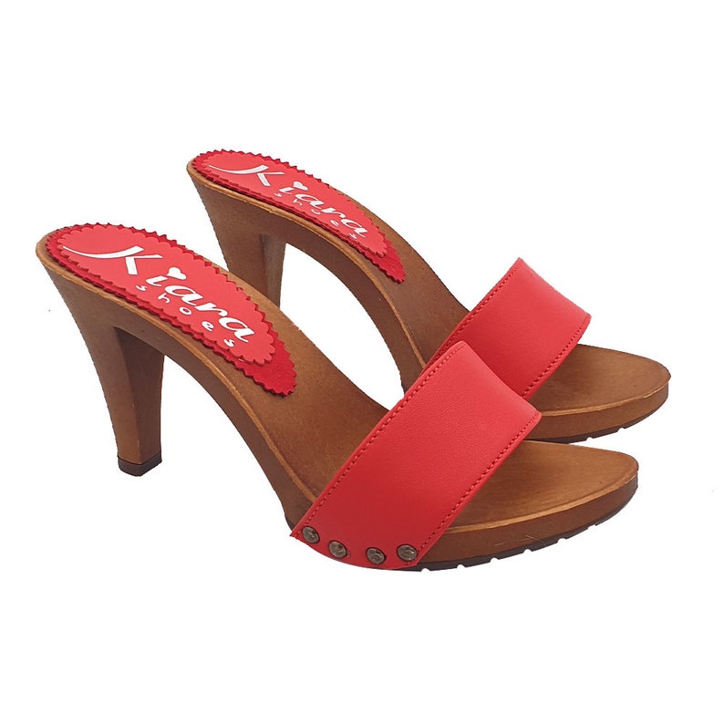 Women's Clogs With Red Leather Band and Heel 9 - K6303 ROSSO - Etsy