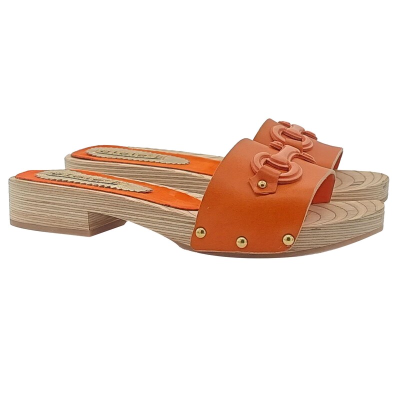 Orange Clogs in Leather With 2.5 Cm Heel - Made in Italy - GL133 ...