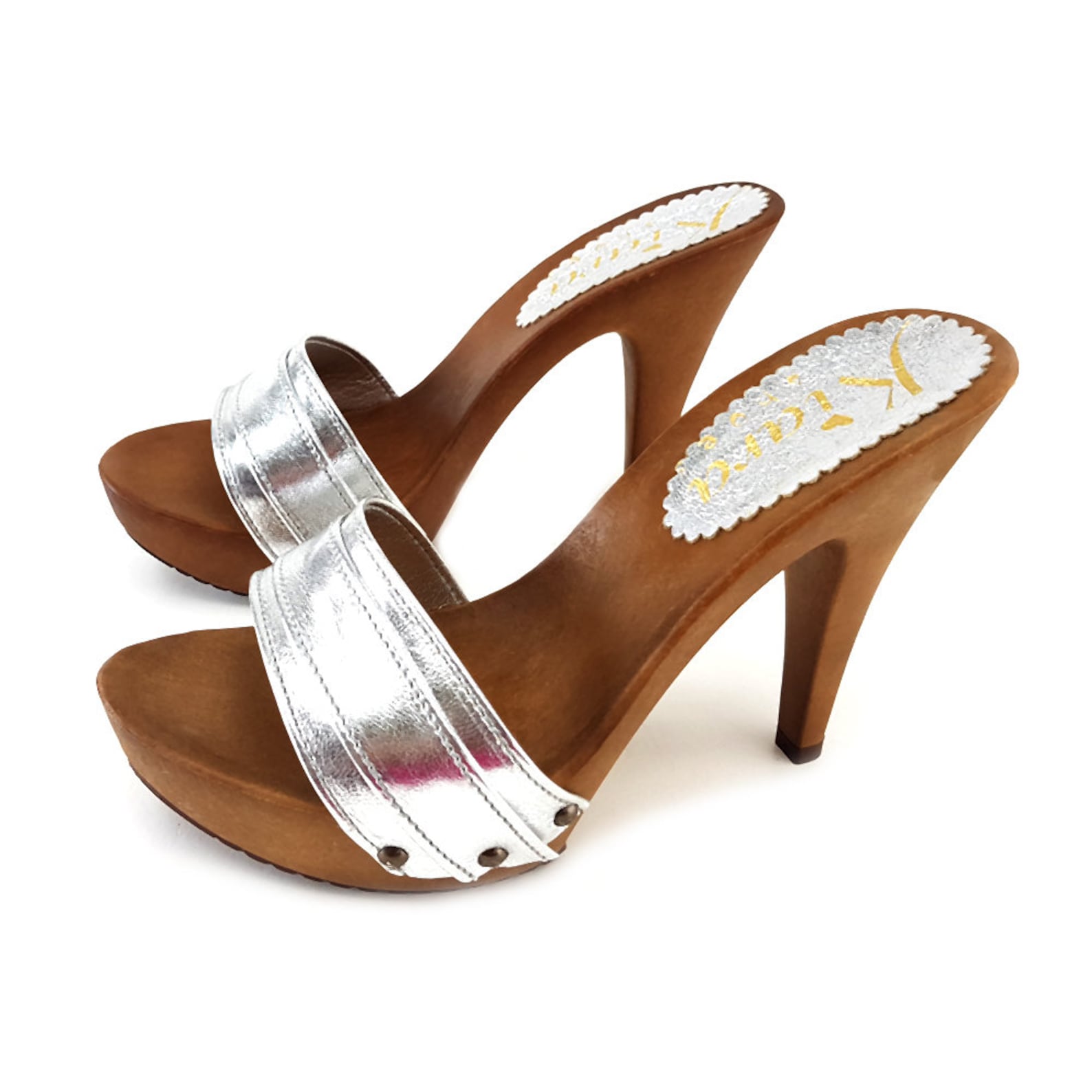 Women's silver leather clogs K21301 ARGENTO | Etsy