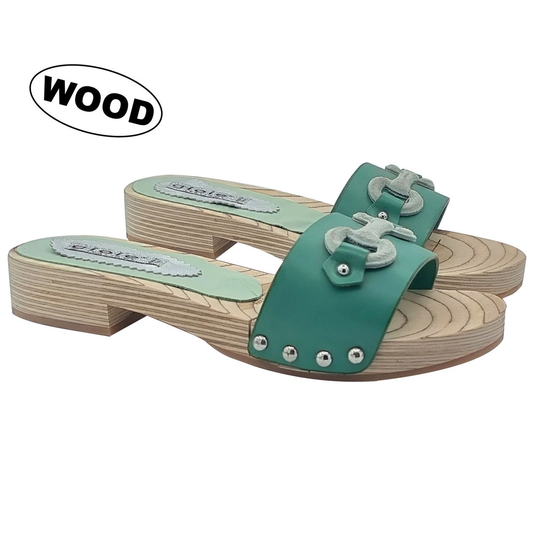 Low Green Leather Women's Clogs With Accessory - Made in Italy - GL133 ...