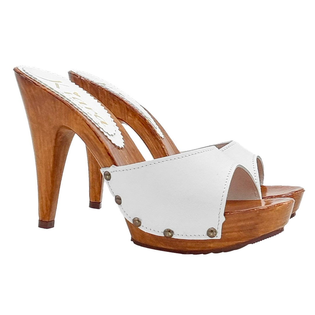 White Clogs With Leather Band and Heel 11 - Made in Italy - K211001 ...